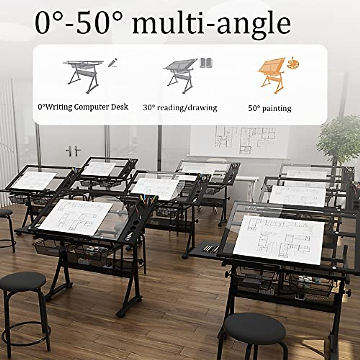 VejiA Drawing Table, Height/Angle Adjustable Drawing Desk Craft Station Drafting Table with One Side Table, Stool and Two Drawers, Tempered Glass Top, for Painting, W