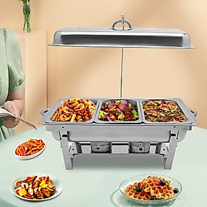 LOHISHILO Stainless Steel Chafing Dish with 3 Food Pans Catering Buffet Warmer Tray Party Foldable Frame Buffet Set, for Party, Restaurants, Hotels, Schools, Offices, Food Trucks,Cafeterias(Silver)