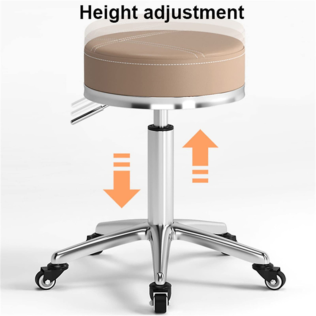 JHKZUDG Round Rolling Stool with Wheels,PU Leather Height Adjustable Salon Stool,Esthetician Chair Tattoo Stool with 360° Swivel,for Spa/Salon/Tattoo Work,Camel