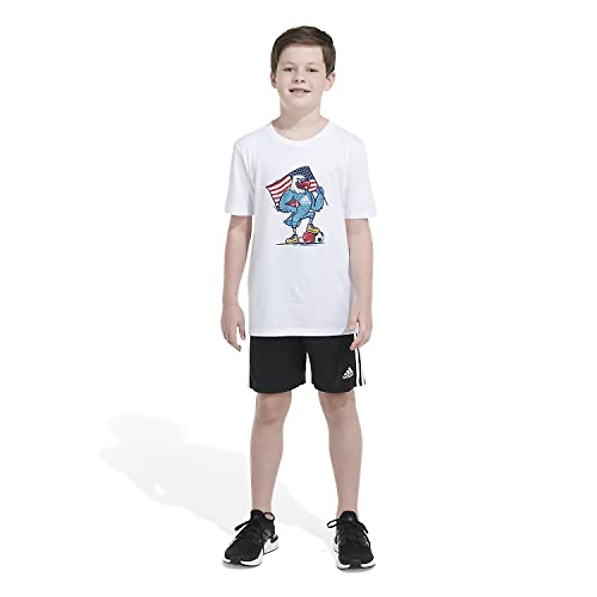 adidas Boys' Big Short Sleeve Cotton USA Graphic T-Shirt, White, S(8)