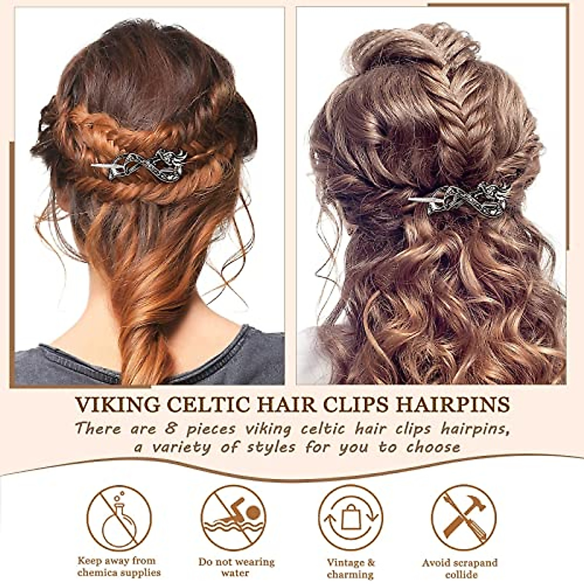 8 Pcs Viking Celtic Hair Clips Vintage, Silver Slide Hairpins Alloy Knot Hair Sticks Viking Metal Hair Barrette, Accessories for Girls Women Halloween Christmas Gift