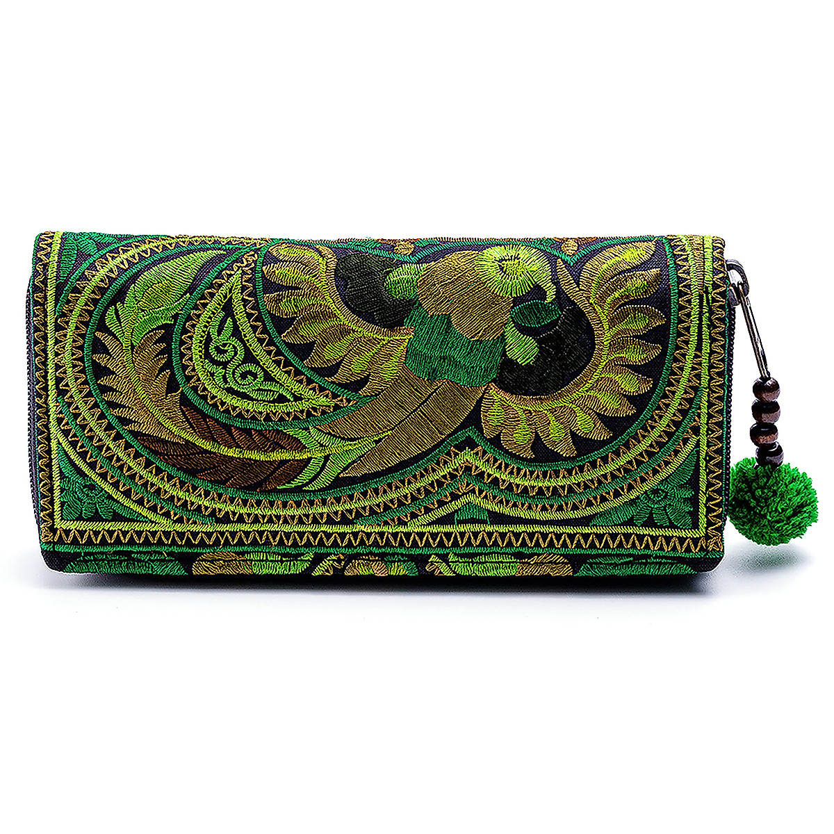 changnoi Unique Handmade Women's Wallet Thai Hmong Embroidered Fabric (Bird Green)