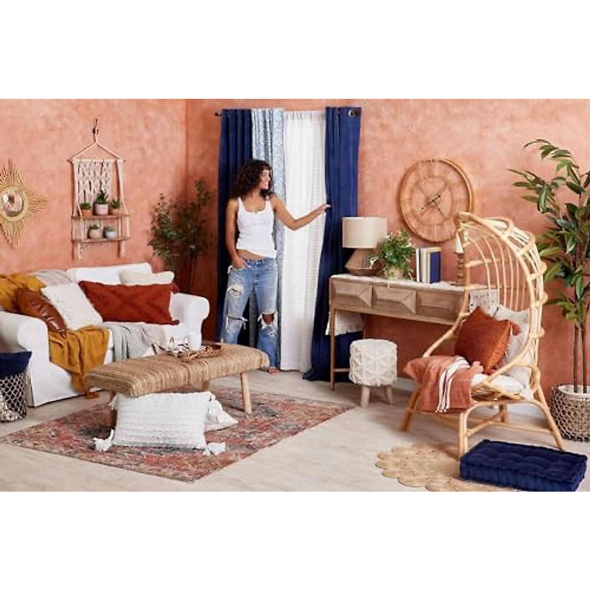 Indigo Ink - Queen Size Sheet Set, 4-Piece Boho Geometric Patterned Bedding, Soft & Wrinkle Resistant (White Denim Collection, Navy Blue)