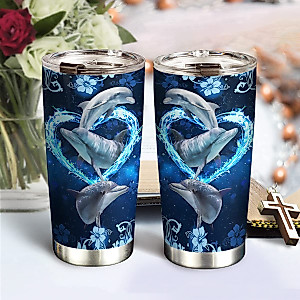 64HYDRO 20oz Dolphin Gifts for Women, Valentines Day Gifts for Her, Couple Gifts, Gifts for Wife, Mom, Daughter, Ocean Gifts, Blue Heart Sea Dolphin Tumbler Cup, Insulated Travel Coffee Mug with Lid