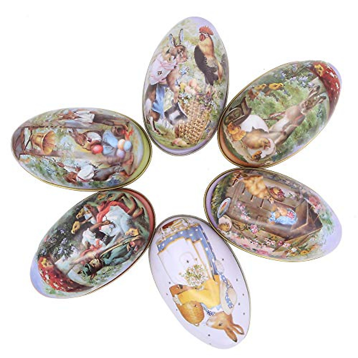 Winterworm 6pcs Creative Cute Tin Bunny Chick Printing Alloy Metal Easter Eggs Shaped Candy Box Holder