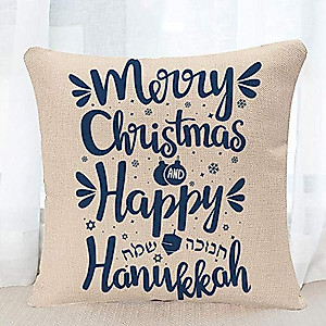 YGGQF Throw Pillow Covers Festival Hand Written Lettering with Text Happy Hanukkah and Merry Christmas Hanuka Pillow Case 18x18 Inch Square Cushion Cover Pillowcase