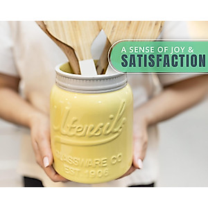 Wide Mouth Mason Jar Utensil Holder Decorative Kitchenware Organizer Crock, Chip Resistant Ceramic, Dishwasher Safe - Kitchen Caddy Green, Large Size 7" High - Yellow
