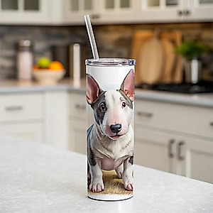 Miniature Bull Terrier Dog Illustration Skinny Tumbler 20oz with Straw Insulated Water Bottle Gift