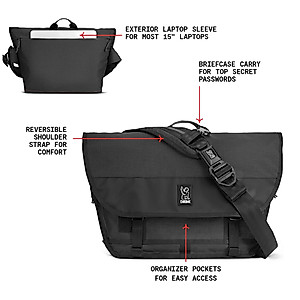 Chrome Industries Buran III Messenger Bag - 17" Laptop Sling Bag, Seat Belt Buckle, Water Resistant, 24 Liter, Black