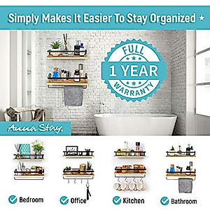 TRIVETRUNNER -ANNA STAY Floating Shelves Wall Mounted for Bathroom and Storage Shelves for Kitchen Set of 2, with Towel Bar, Cotton Towel Included (Light Brown)