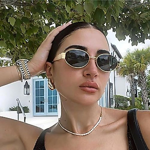 knliwkm Trendy Retro Oval Sunglasses for Women Gold Fashion Designer Shades Vintage 90s Style Classic Sun Glasses