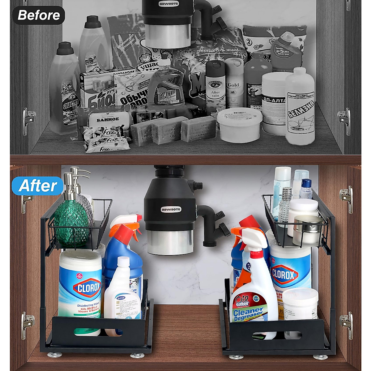 JUPELI Under Sink Organizers and Storage, 2 Tier Pull Out Under Sink Storage for Kitchen With Sliding Drawer, Metal Height Adjustable Bathroom Cabinet Organizer Shelf, Kitchen Organizers and Storage