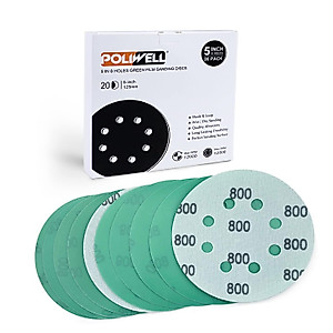 POLIWELL 5 Inch Sanding Discs 8 Holes 800 Grit Wet Dry Film-Backed Green Line Hook and Loop Dustless Power Random Orbital Sander Paper, for Car Paint Wood or Metal Grinding and Polishing, 20 Pack