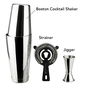 PG Boston Cocktail Kit - 4PC Premium Stainless Steel Shaker Set - 30oz Gloss Finish ​2-Piece Shaker with Cocktail Strainer and Double Jigger