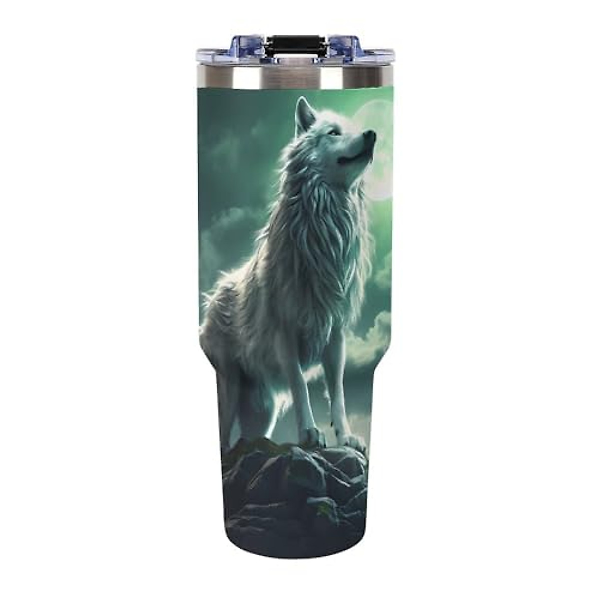 Wolf Full Moon 40 Oz Car Cup Stainless Steel Travel Mug Leak-Proof Insulated Tumbler with Handle Light Rose Red-style