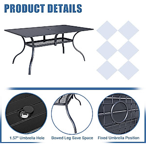 Patiomore 7 Piece Outdoor Patio Dining Set, Metal Furniture Set Rectangular Slatted Dining Table with Umbrella Holes & 6 Stackable Backyard Garden Chairs