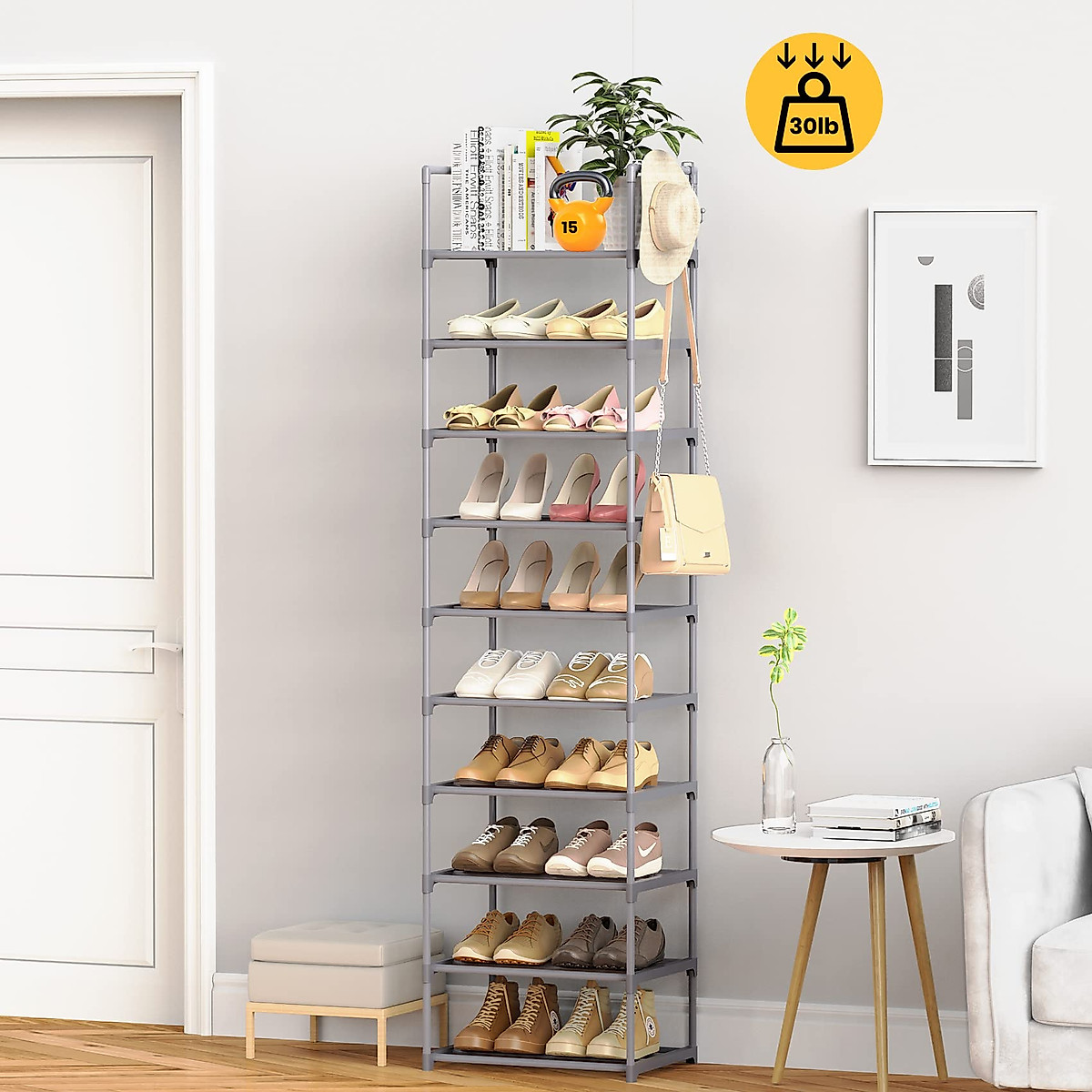 WEXCISE 10 Tiers Tall Shoe Rack Narrow 20-24 Pairs Shoe Rack for Closet Entryway Vertical Metal Shoe Rack Organizer Shoe and Boots Organizer Storage Sturdy Shoe Shelf Shoe Stand Gray