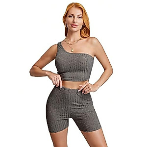 WDIRARA Women's 2 Piece Ribbed One Shoulder Crop Tank and Biker Shorts Summer Outfits Set Grey XL