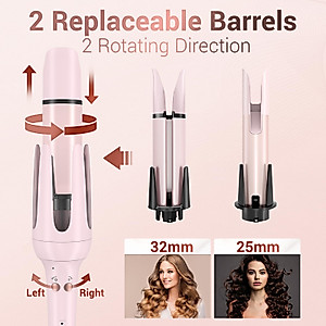 Curlicue Automatic Curling Iron Hair Curler，Replaceable Curling Wand w/ 2 Sizes Barrel (1''，1.25'') & 3 Temps，Hair Waver w/ Anti-Tangle & Auto-Off，Double Voltage Rotating Curling Iron Long Hair-Rose