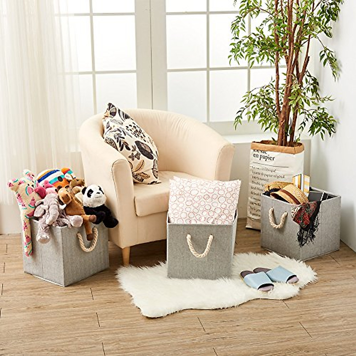 EZOWare Set of 3 Storage Baskets Cubes Bins with Cotton Rope Handle, Collapsible Boxes Organizer Container - Gray for Nursery toys Household items -13inch