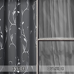 BUHUA Blackout Curtain for Living Room, Grommet Top Black Out Drape, Silver Vine Print Thermal Insulated Room Darkening Curtains 2 Panels for Bedroom (38 x 96 Inch, Dark Grey)