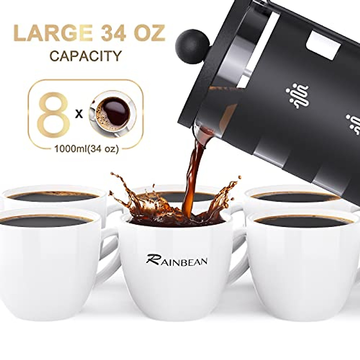 LapEasy French Press Coffee Maker, 34 Ounce (1000 ml) Thickened Borosilicate Glass Camping Coffee Makers with 3 Filter Screens, Coffee Press Dishwasher Safe, for 8 CUP