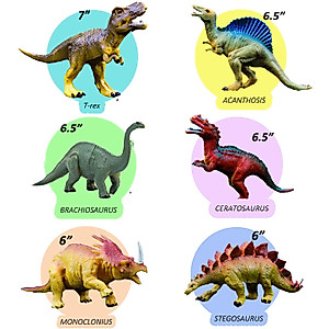 OuMuaMua Dinosaur Toys, Plastic Dinosaur Figure Set, Ideal Education Toys for Kids and Toddler, Including T-Rex, Stegosaurus, Monoclonius, 6 to 7 Inch Large Size, 6 Pack