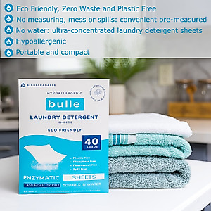 bulle - Laundry Detergent Sheets - Clothes Cleaning Solution, Removes Stain, Dirt & Odor, No Irritating Ingredients, Washing Strips, Fresh Linen Scent, Mothers Household Companion, 40 count, Unscented