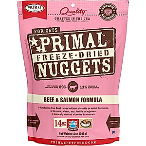 Primal Freeze Dried Cat Food Nuggets Beef & Salmon, Complete & Balanced Scoop & Serve Healthy Grain Free Raw Cat Food, Crafted in The USA (14 oz)