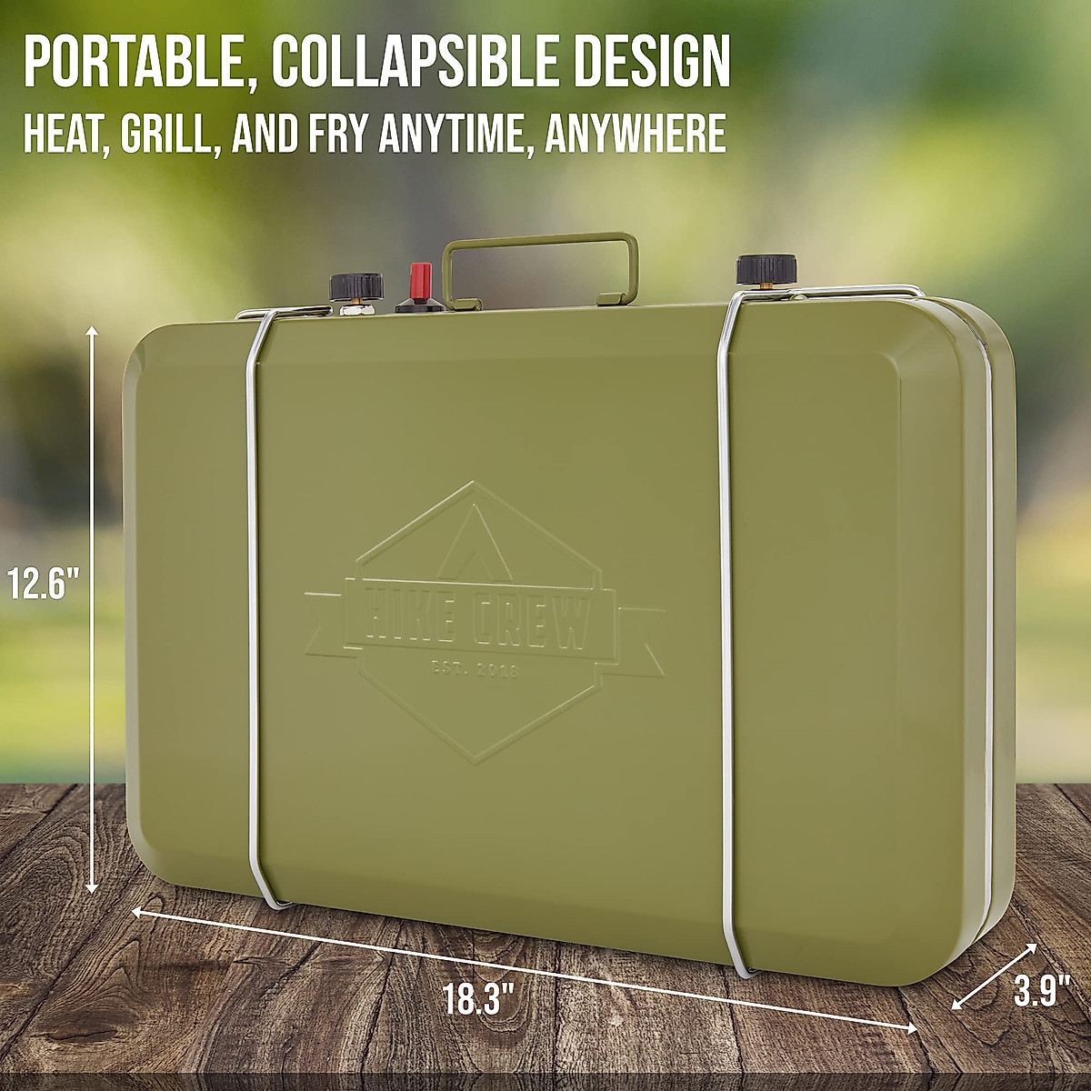 Hike Crew Gas Camping Stove | 20,000 BTU Portable Propane 2 Burner Stovetop | Integrated Igniter & Stainless Steel Drip Tray | Built-in Carrying Handle, Foldable Legs, Wind Panels | Includes Regulator