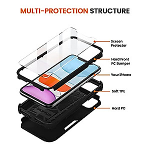 FireNova Design for iPhone 11 Case, with [Tempered Glass Screen Protector][Shockproof] [Dropproof],Protective Heavy-Duty 3 in 1 Tough Rugged Non-Slip Protective Phone Case Cover,6.1 Inch,Black