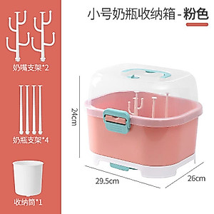 flexman Bottle Drying Rack Storage, Large Nursing Bottle Storage Box Organizer with Cover, Portable Kitchen Cabinet Organizer for Storing Bottles, Tableware and Cutlery(Pink)