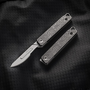 KeyUnity KK02 Titanium Flipper Pocket Knife, Quick Open Keychain Folding Knife with #24 Replaceable Blades for Everyday Carry (Suminagashi Pattern)