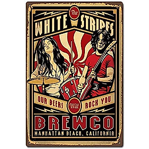 White Stripes Rock Tin Signs Metal Poster Warning Sign Decor for Garage Home Garden Retro Tin Sign Wall Birthday Party Bar Cafe Kitchen