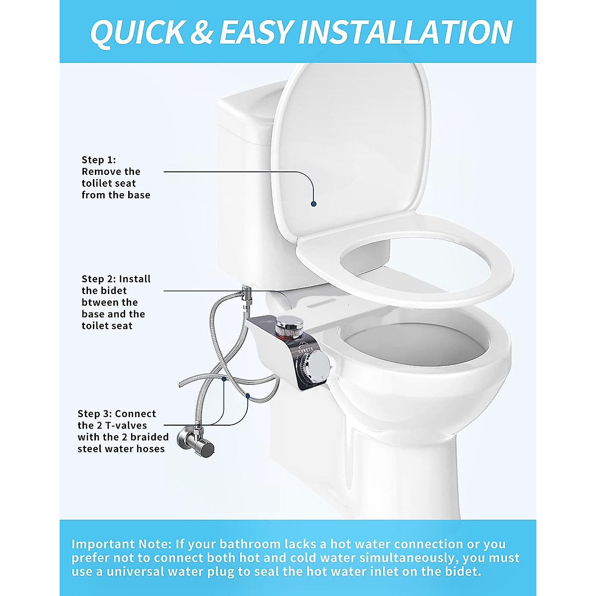CUBETA Bidet Attachment for Toilet, Non-Electric Cold and Hot Water Bidet Toilet Seat Attachment with Adjustable Water Pressure and Temperature, Self-cleaning Dual Nozzles