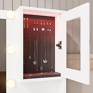 Ksuefao Vanity Desk with LED Lighted Mirror & Charging Station, Makeup Vanities Table with 2 Drawers for Bedroom, Storage Bench Included, White