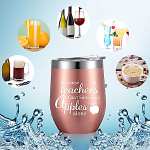 2 Pieces Teacher Can't Survive on Apples Alone, Thank You Teacher Appreciation Gift for Women Funny Birthday Christmas Thanksgiving Teacher Gifts 12 oz Wine Tumbler with Straw and Cleaning Brush