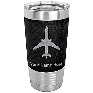 LaserGram 20oz Vacuum Insulated Tumbler Mug, Jet Airplane, Personalized Engraving Included (Faux Leather, Black)