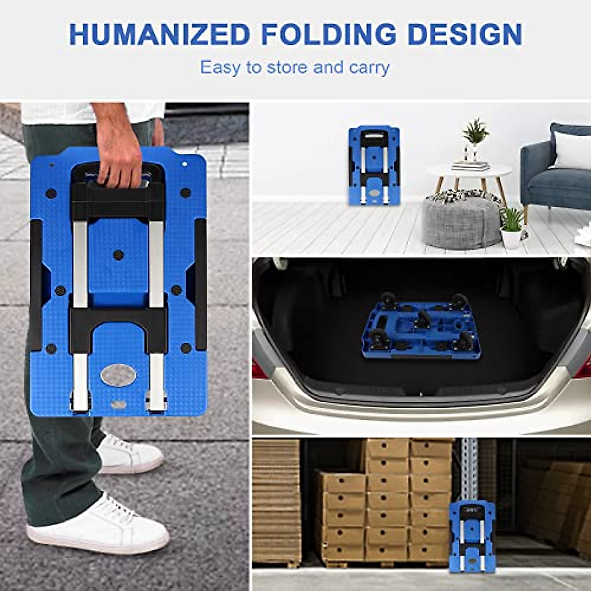 KelejakaMT Folding Hand Truck, 330 LB Heavy Capacity Luggage cart - 360° Rotating Platform Cart with Swivel Locked Casters and 2 Bungee Cords, Hand Cart is Suitable for Travel Shopping Moving Office