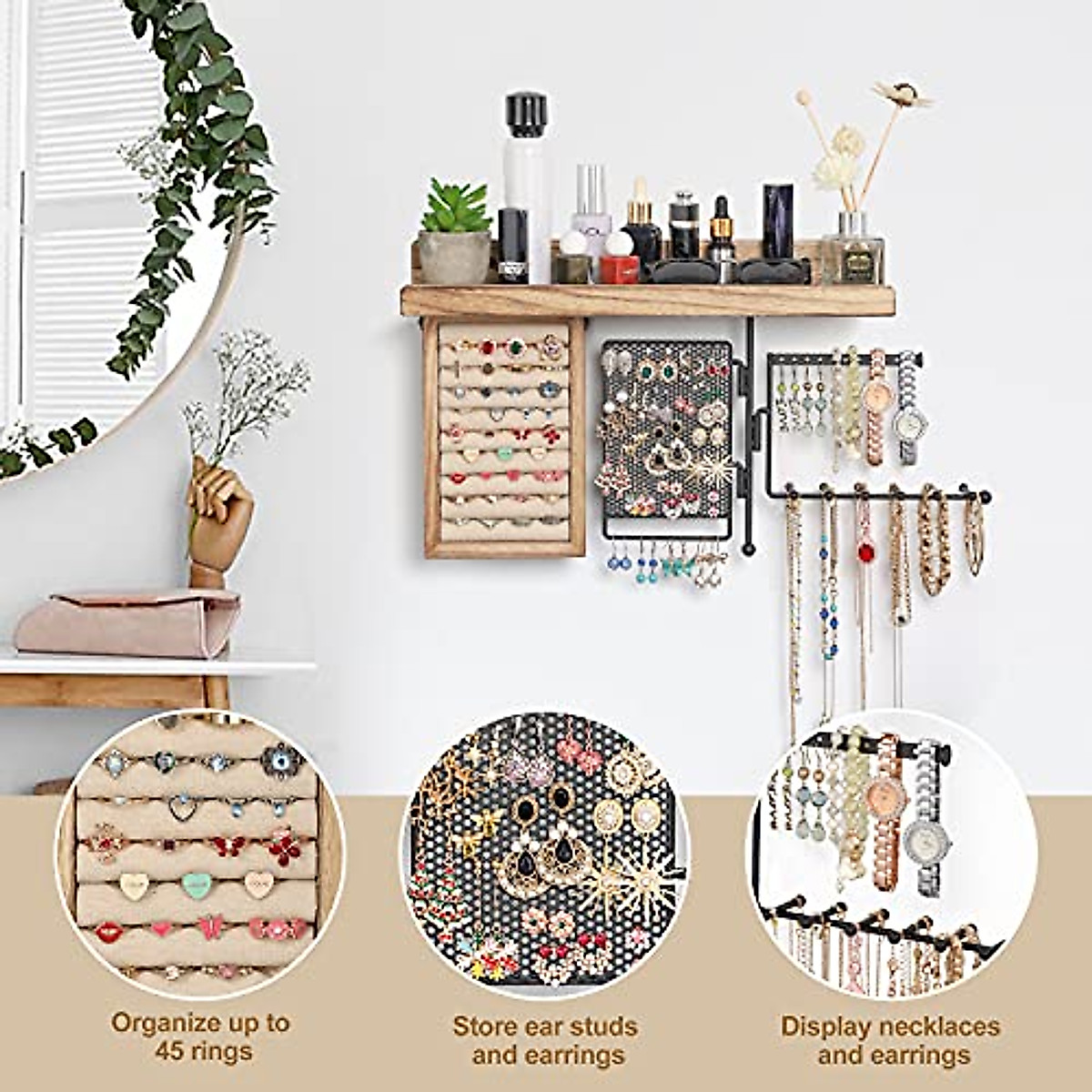 SOLIMINTR Hanging Jewelry Organizer Wall Mount Jewelry Holder with Rustic Wood Shelf, Ring Display Box, Ear Studs Earring Holder, Rotating Necklace Holder Organizer
