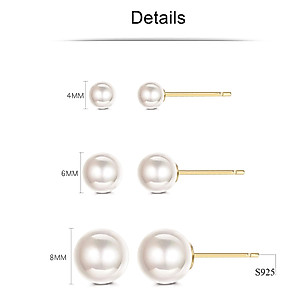 Sllaiss 925 Sterling Silver Austria Pearl Earrings 18K Gold Pink Earrings Sets Stud Earrings for Women (3 Pairs 4mm 6mm 8mm)