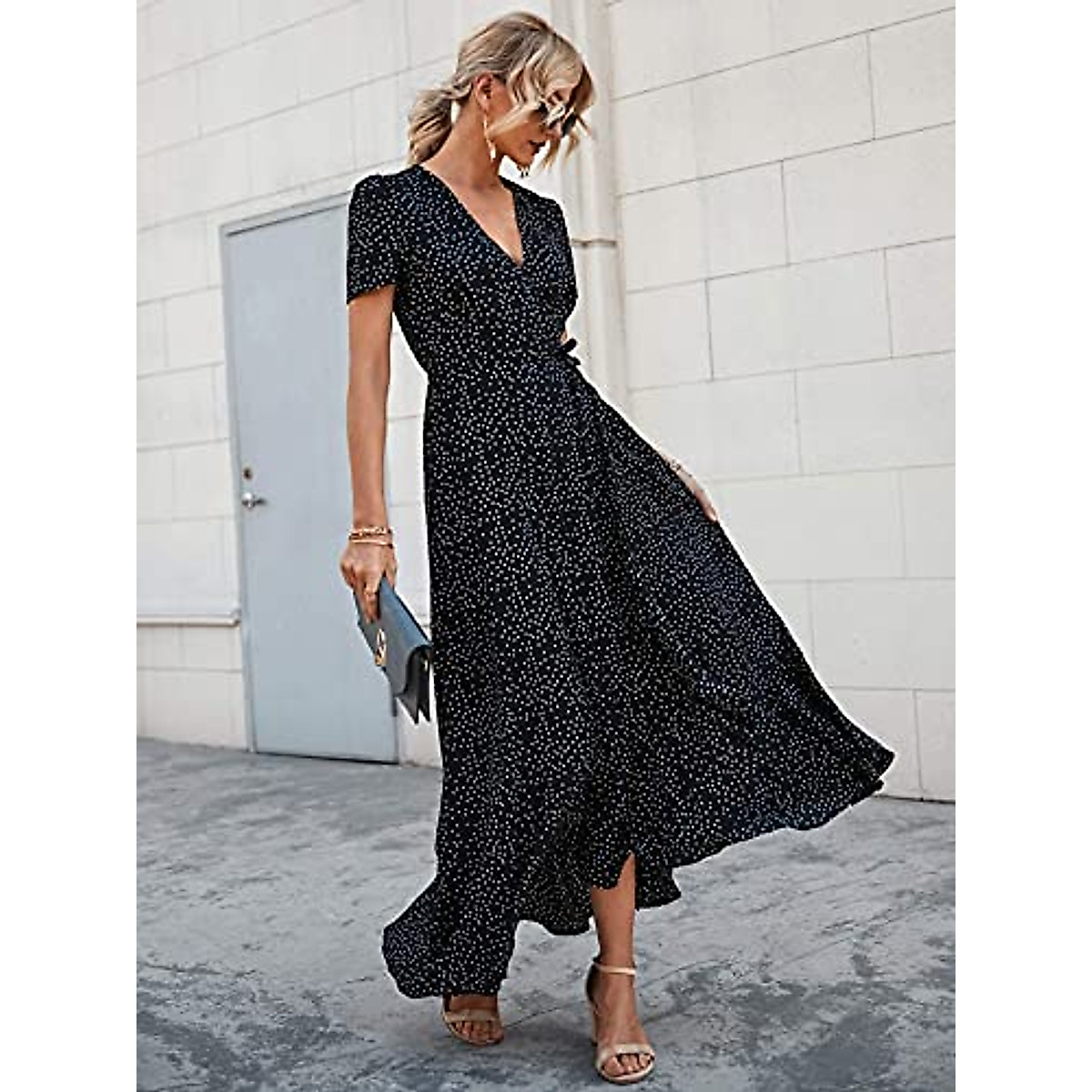 PRETTYGARDEN Women's Summer Wrap Maxi Dress Casual Boho Floral V Neck Short Sleeve Ruffle Hem Split Beach Long Dresses (Black Polka Dot,X-Large)
