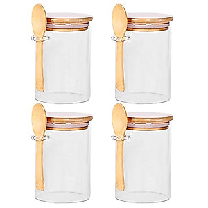 CZFWin Glass Jars with Bamboo Lids and Wooden Spoons Set of 4, Coffee Tea Sugar Container Set for Loose Tea Canister Storage, Overnight Oats Containers with Scoop for Seasoning, Coffee, Yogurt