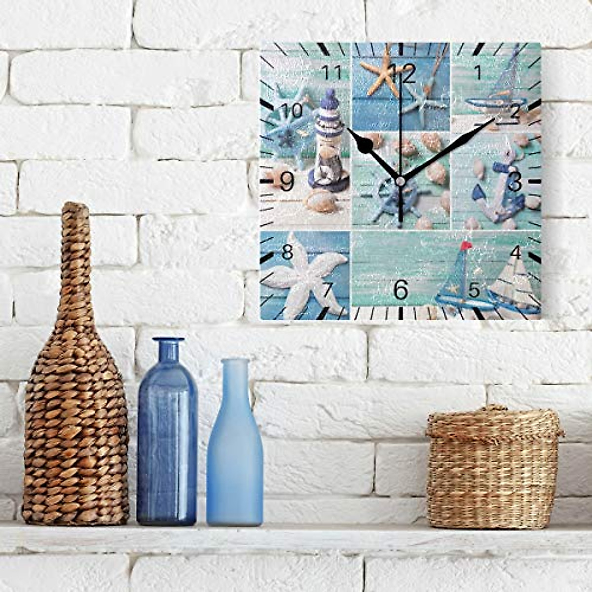 ALAZA Sea Anchor Lighthouse Ship's Wheel Ocean 7.9 Inch Square Wall Clock Battery Operated Non-Ticking Silent Quartz for Kitchen Home Living Room Office Bedroom(Black Pointer)