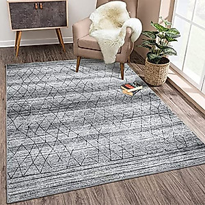 COZYLOOM Large Area Rug 8x10 Modern Geometric Rug Chic Distressed Rug Indoor Floor Cover Washable Carpet Non-Slip Thin Rug Chenille Mat Living Room Bedroom Dining Room Foldable Lightweight Rug, Grey