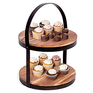 BIRDROCK HOME 2-Tier Cupcake and Cake Stand with Handle - Wood Iron Dessert Serving Tray - Rustic Farmhouse Dessert Stand - Modern Party Tiered Server - Table Kitchen Home Display - Round