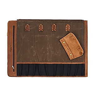 Aaron Leather Goods Leather Knife Roll With Storage Bag, Elastic and Expandable 10 Pockets, Adjustable/Detachable Shoulder Strap, Travel-Friendly Chef Knife Case (Green, Canvas)