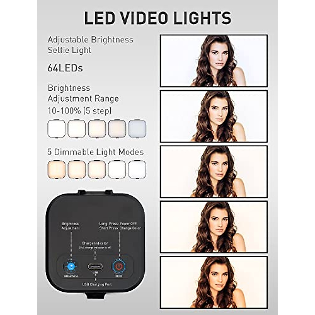 ACNCTOP 64 LED Rechargeable Selfie Light - 5 Lighting Mode Phone Ring Light Mini Portable Clip on Fill Lights for iPhone, Cell Phone, Laptop, TikTok, Selfie, Video Conference, Camera