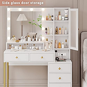 Tiptiper Large Makeup Vanity with Lights, Vanity Table with Charging Station Vanity Desk with Mirror and 10 LED Light Bulbs, Makeup Table with with 5 Drawers, Nightstand and Storage Shelves, White