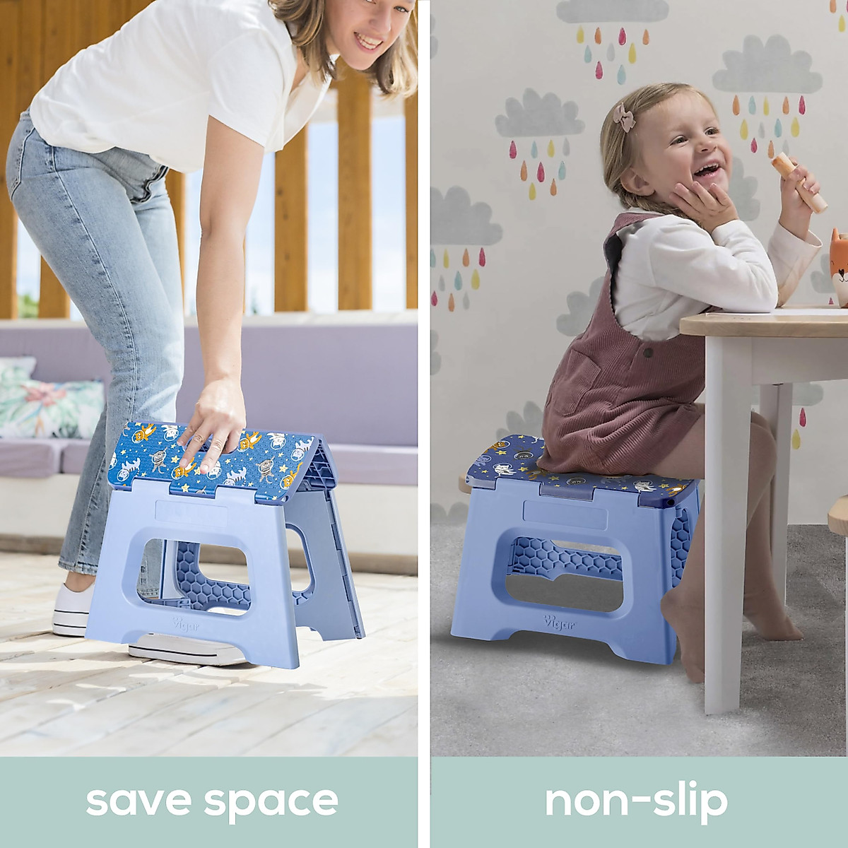 Vigar Compact Kids Step Stool, 9-inch Step Stool for Toddlers and Kids, Folding Stool up to 330 Pound, Lightweight Non-Slip Folding Step Stool, Astrocat